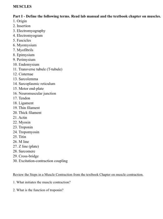 Solved MUSCLES Part I - Define the following terms. Read lab | Chegg.com