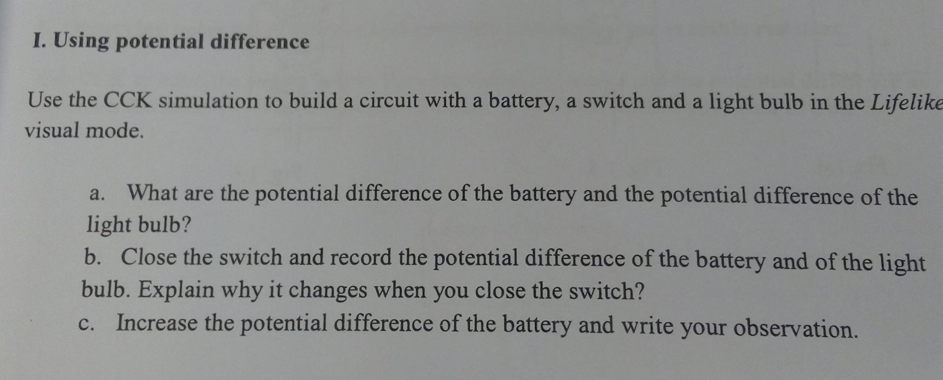 Solved I. Using potential difference Use the CCK simulation | Chegg.com