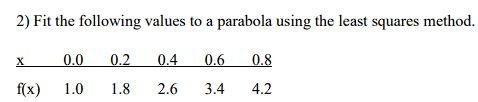 Solved 2) Fit the following values to a parabola using the | Chegg.com