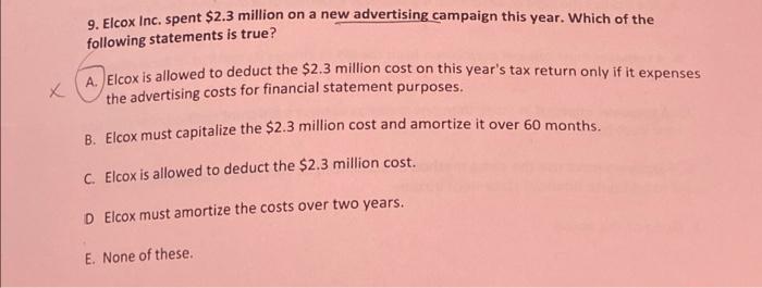 Solved Elcox Inc. spent $2.3 million on a new advertising | Chegg.com