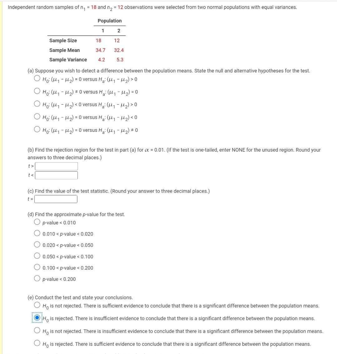 Solved dent random samples of n1=18 and n2=12 observations | Chegg.com