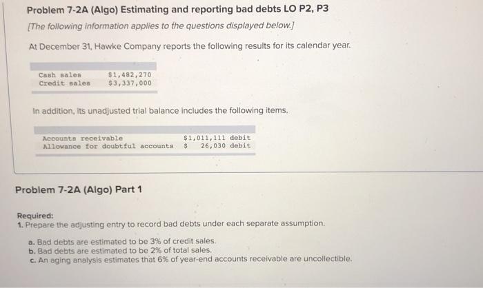Solved Problem 7-2A (Algo) Estimating and reporting bad | Chegg.com