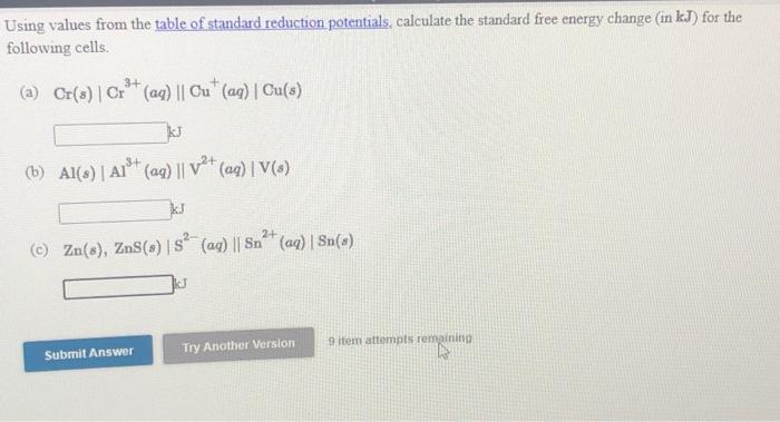 Solved Using values from the table of standard reduction | Chegg.com