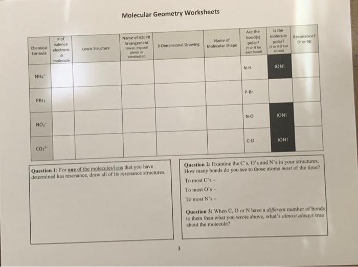 Solved Molecular Geometry Worksheets Is the molecule polar? | Chegg.com