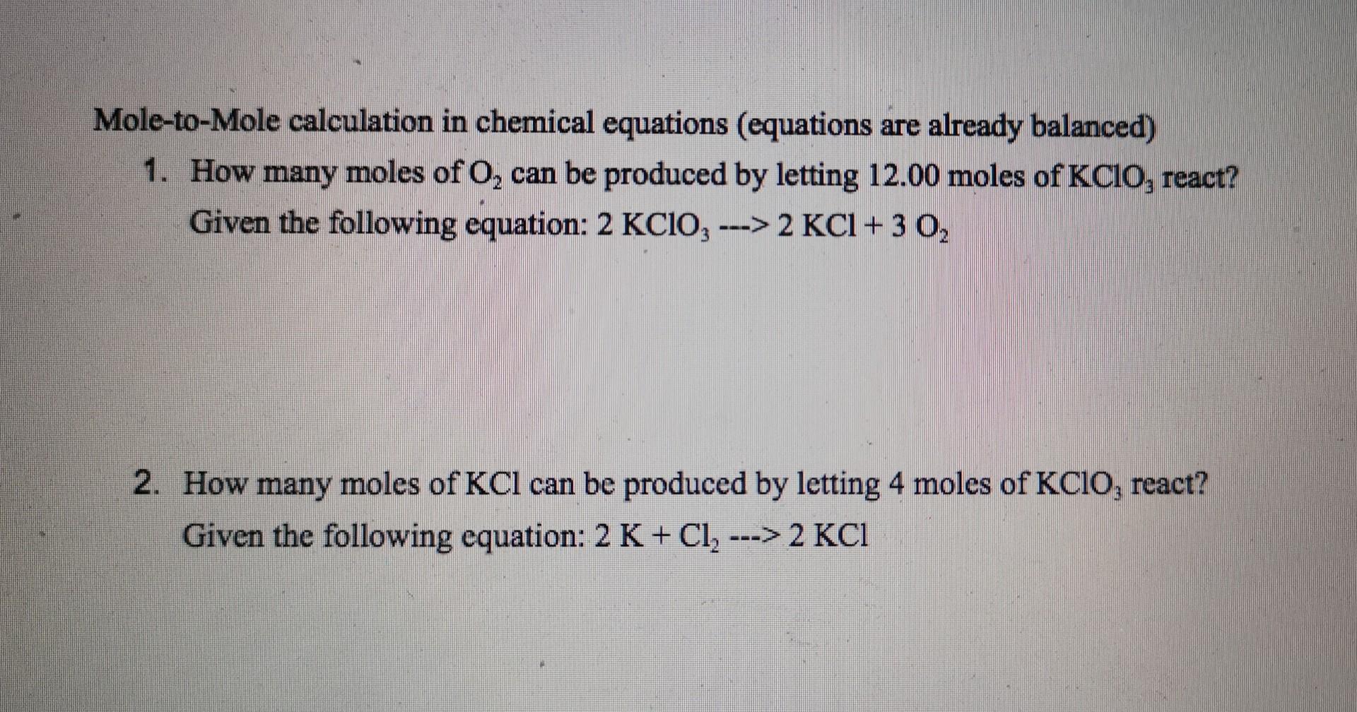Solved Mole-to-Mole calculation in chemical equations | Chegg.com