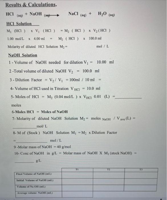 Solved DATAResults \& Calculations. HCl(aq) +NaOH(aq) | Chegg.com