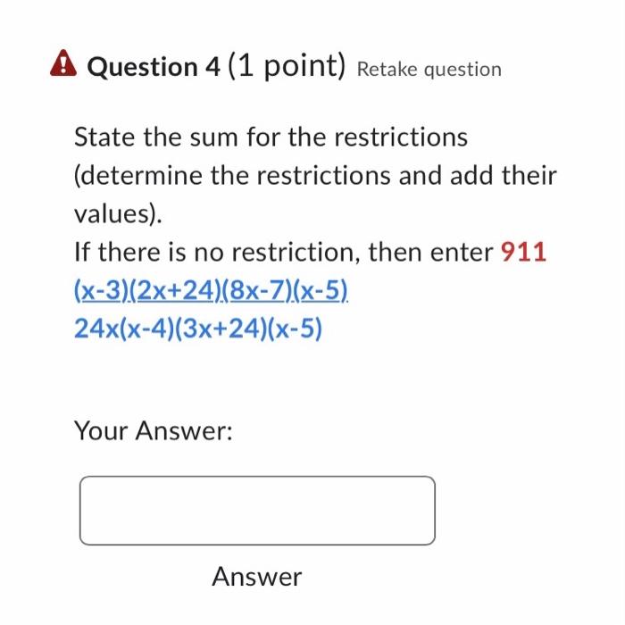 Solved A Question 4 (1 point) Retake question State the sum | Chegg.com