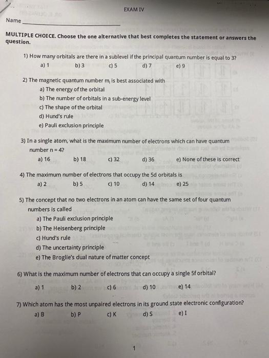 Solved EXAM IV Name MULTIPLE CHOICE. Choose the one | Chegg.com