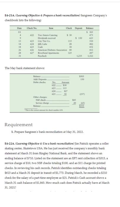 Solved E4-21A. (Learning Objective 4: Prepare a bank | Chegg.com