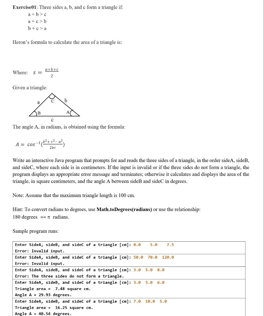 Solved Exercise01: Three sides a, b, and c form a triangle | Chegg.com