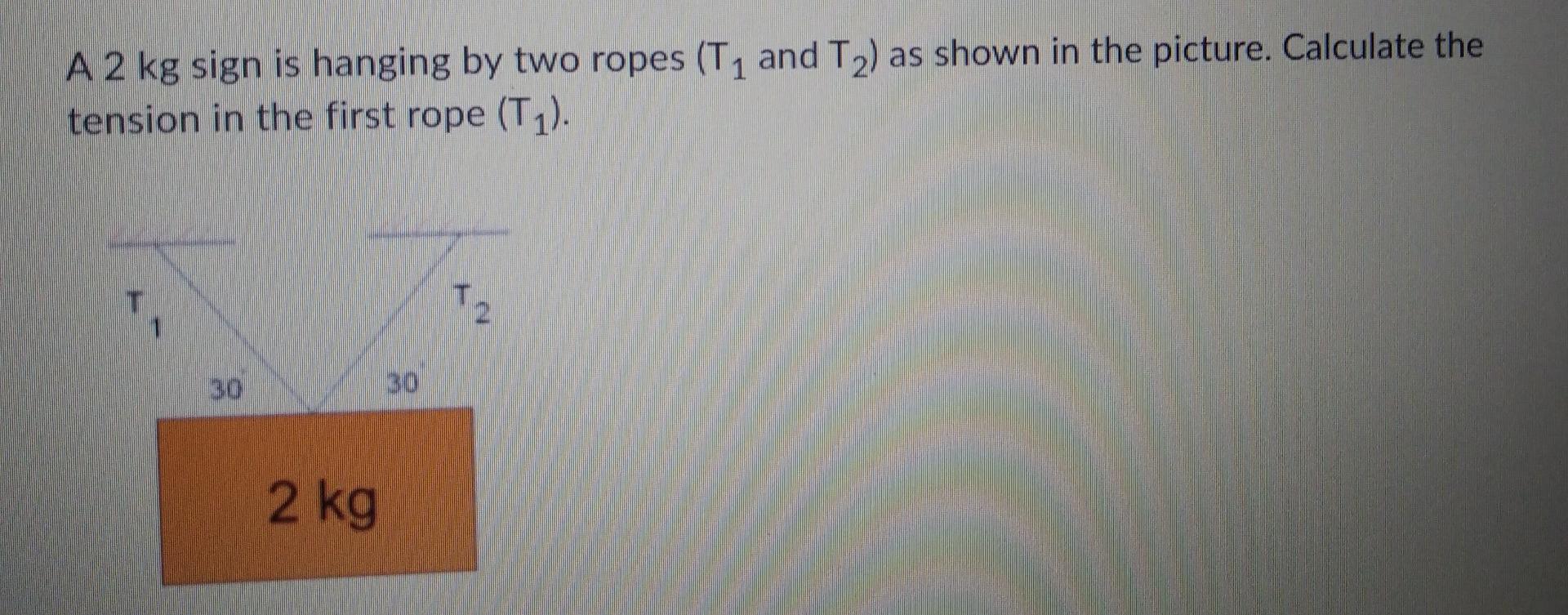 A 2 kg sign is hanging by two ropes (T1 and T2) as | Chegg.com