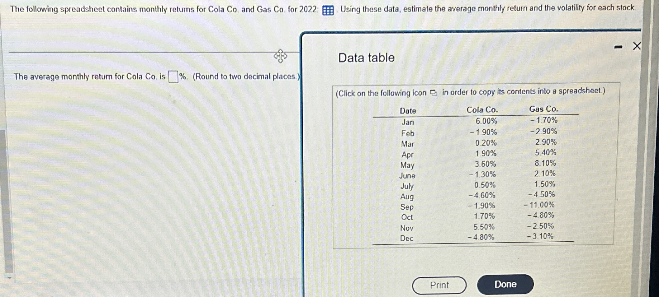 Solved The following spreadsheet contains monthly returns | Chegg.com