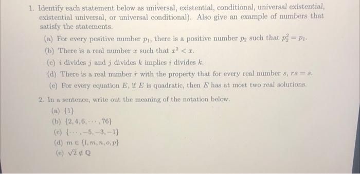 Solved B 1. Identify each statement below as universal, | Chegg.com