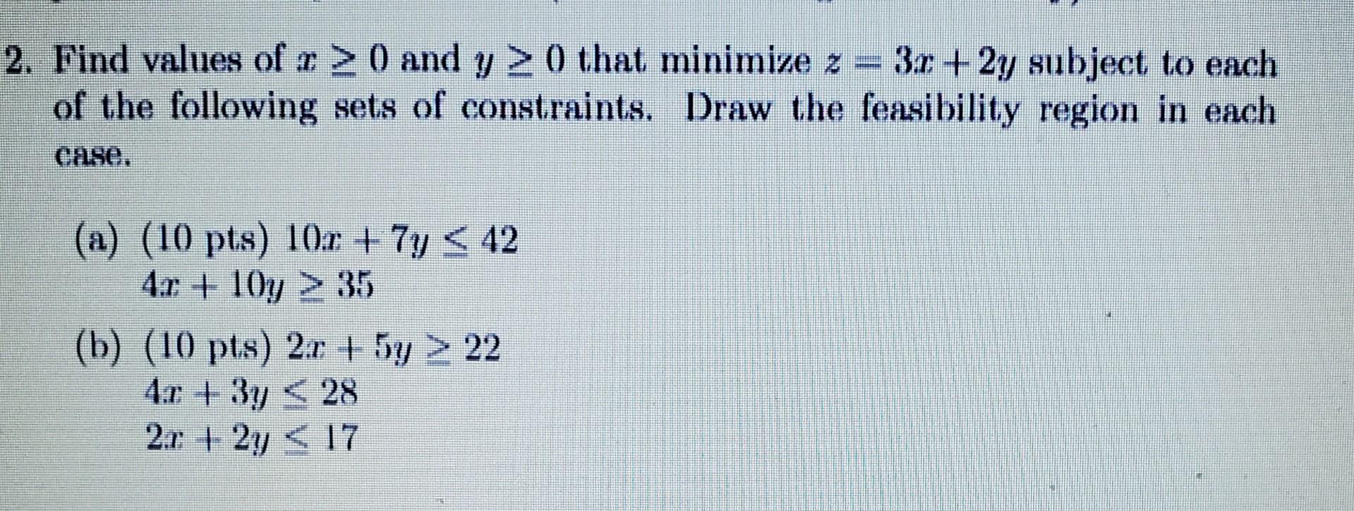 Solved Find values of x≥0 and y≥0 that minimize z=3x+2y | Chegg.com