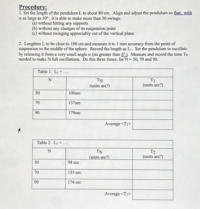 Solved Procedure: 1. Set the length of the pendulum L to | Chegg.com