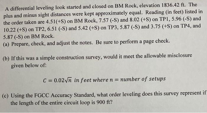 Solved A differential leveling look started and closed on BM | Chegg.com