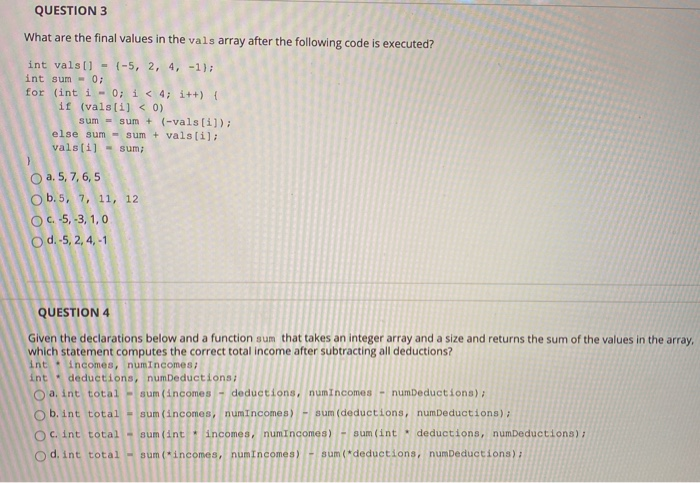 Solved QUESTION 3 What are the final values in the vals | Chegg.com