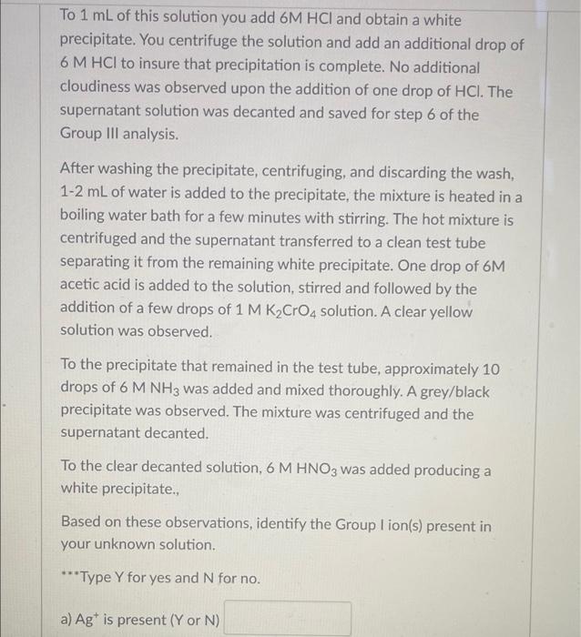 Solved To 1 mL of this solution you add 6M HCl and obtain a | Chegg.com