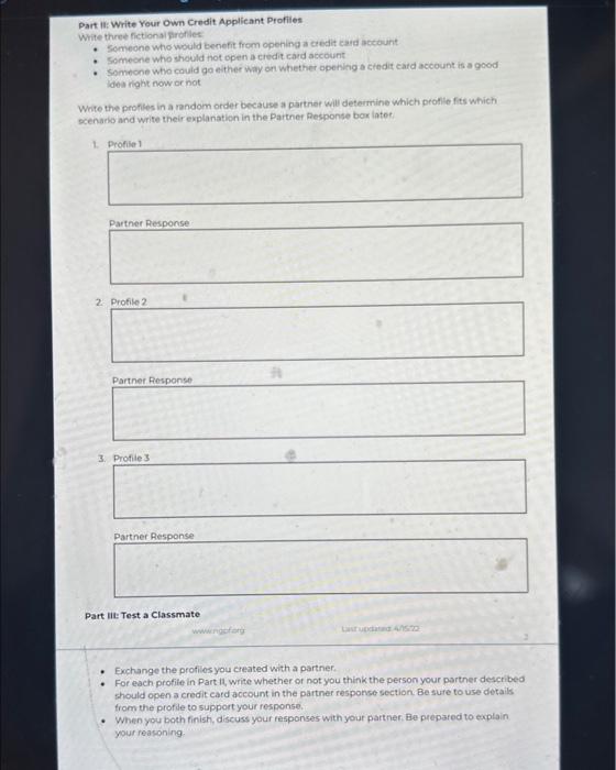 Solved Part II: Write Your Own Credit Applicant Profilies. | Chegg.com