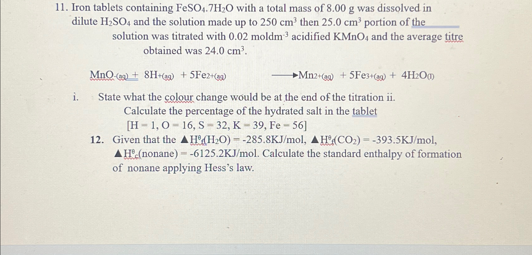 Solved Iron tablets containing FeSO4.7H2O ﻿with a total mass | Chegg.com