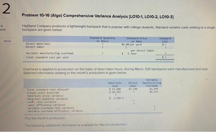 Solved 2 Problem 10-16 (Algo) Comprehensive Variance | Chegg.com