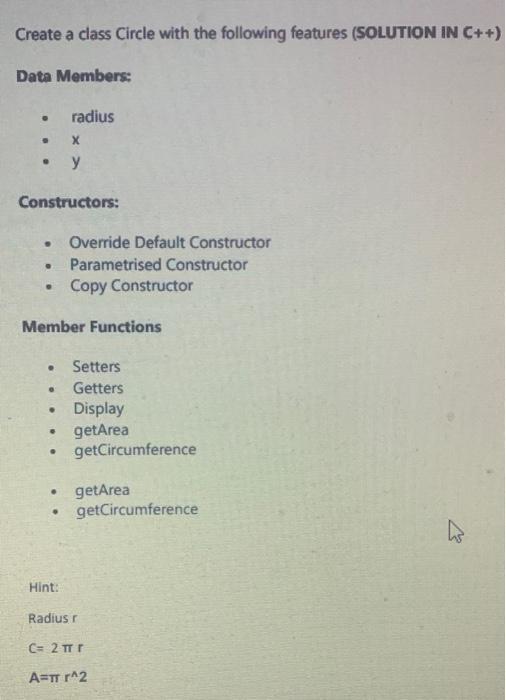 Solved Create a class Circle with the following features | Chegg.com