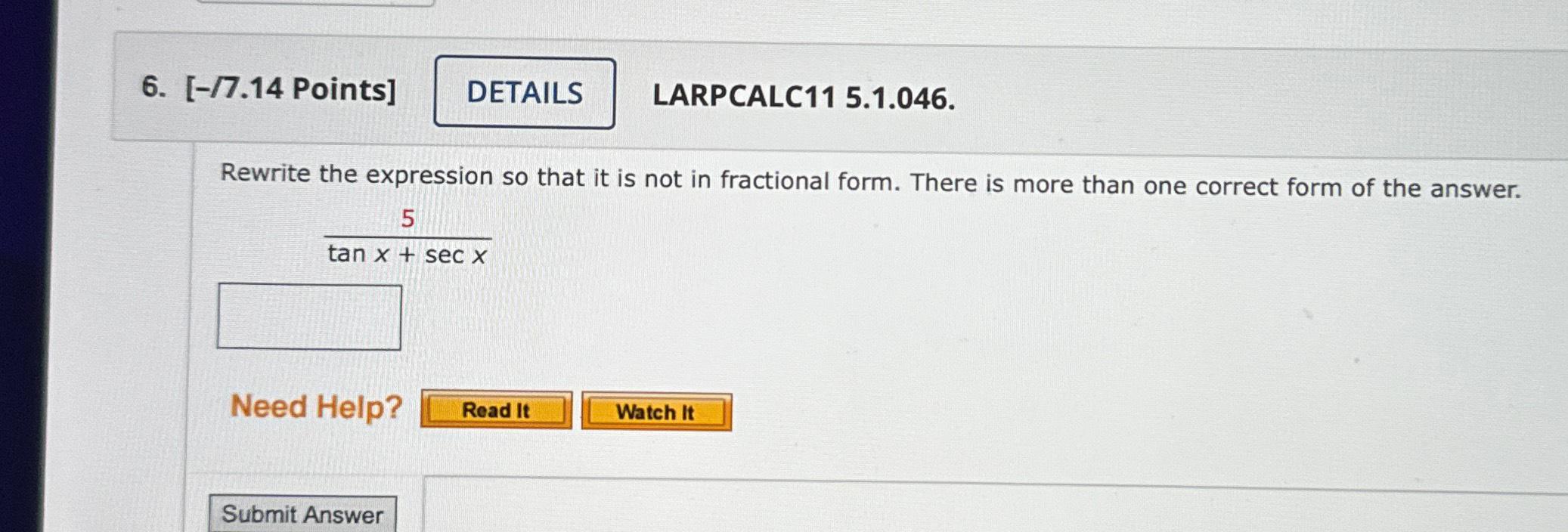 Solved Points]LARPCALC11 5.1.046.Rewrite the expression so | Chegg.com