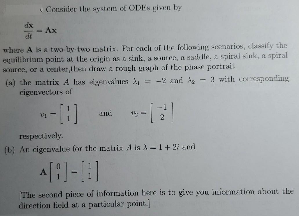 Solved Consider the system of ODEs given by dx dt Ax where A | Chegg.com