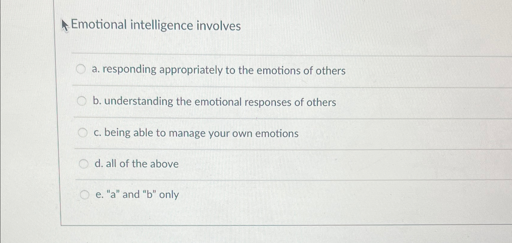Solved Emotional intelligence involvesa. ﻿responding | Chegg.com