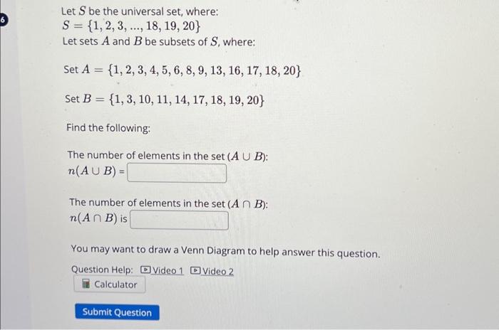 Solved S={1,2,3,…,18,19,20} Let sets A and B be subsets of | Chegg.com