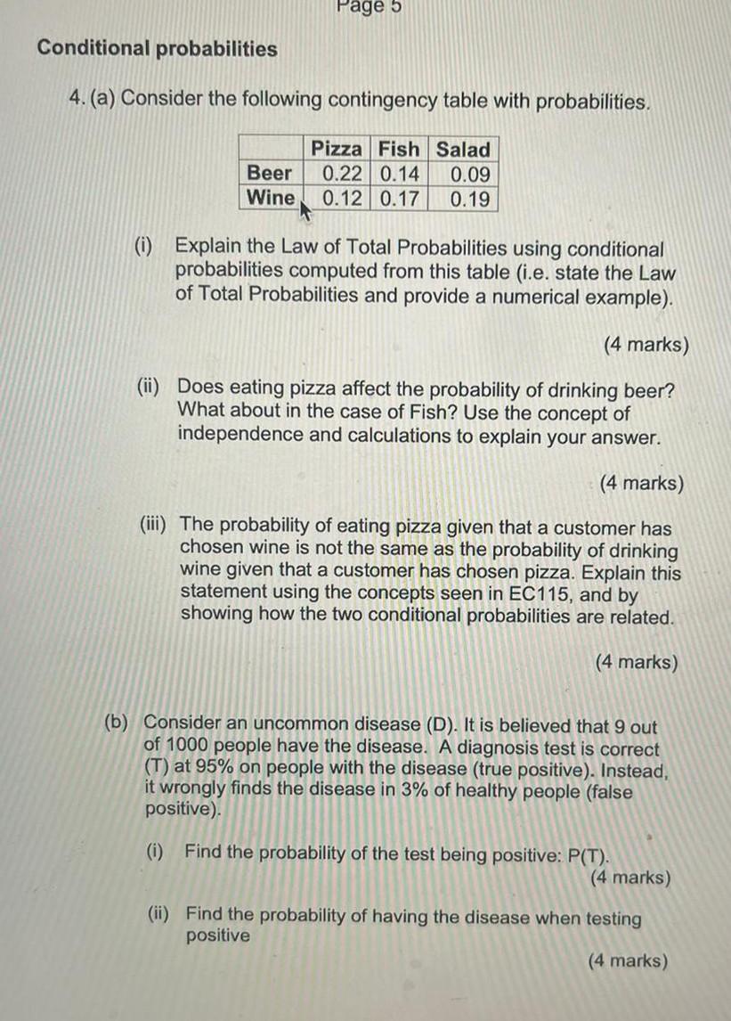 Page 5 Conditional probabilities 4.(a) Consider the | Chegg.com