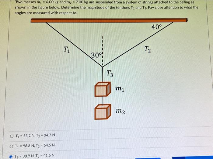 Solved Two masses m1=6.00 kg and m2=7.00 kg are suspended | Chegg.com