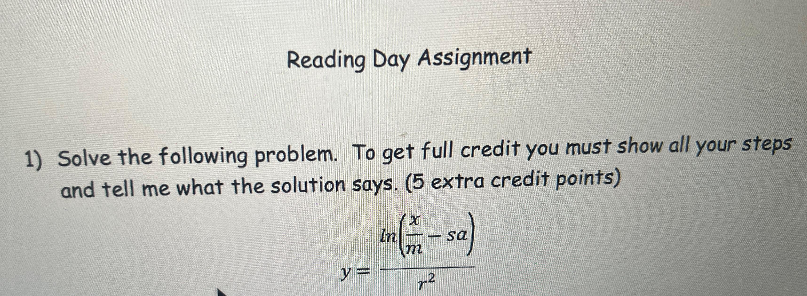 Solved Reading Day AssignmentSolve the following problem. To | Chegg.com