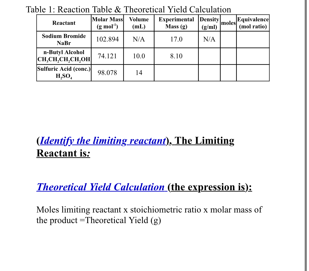 Solved Table 1: Reaction Table & Theoretical Yield | Chegg.com