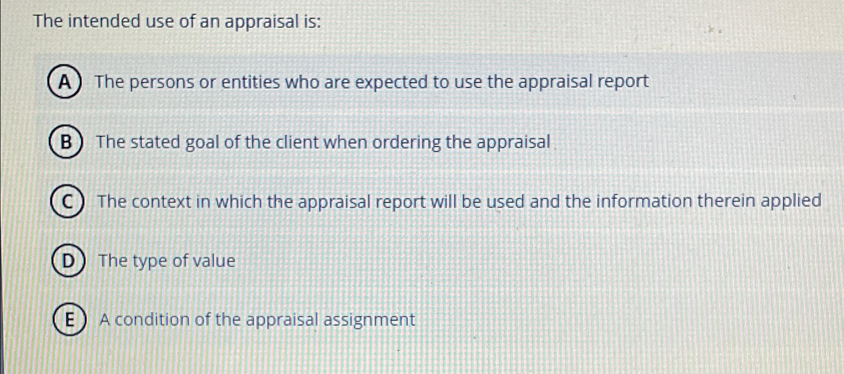 Solved The intended use of an appraisal is:The persons or | Chegg.com