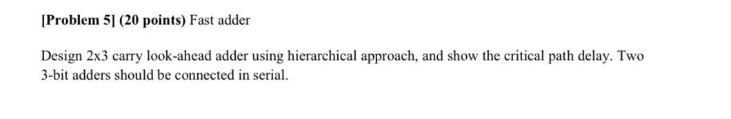 Solved [Problem 5] (20 ﻿points) ﻿Fast adderDesign 2×3 ﻿carry | Chegg.com