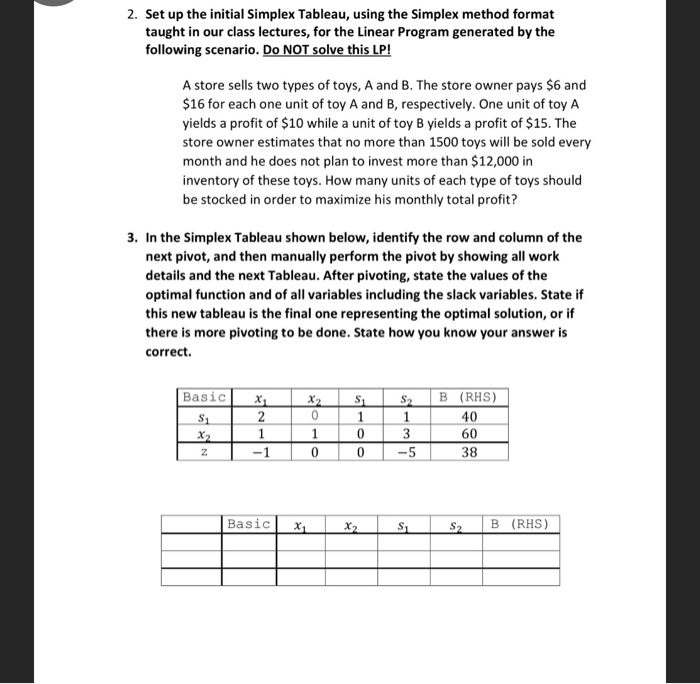 Solved 2. Set up the initial Simplex Tableau, using the | Chegg.com