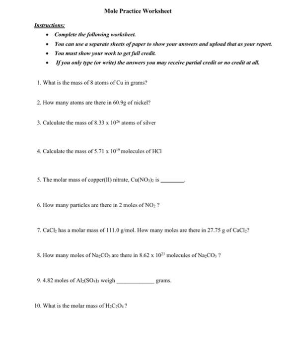 Solved Instructions: Mole Practice Worksheet • Complete the | Chegg.com