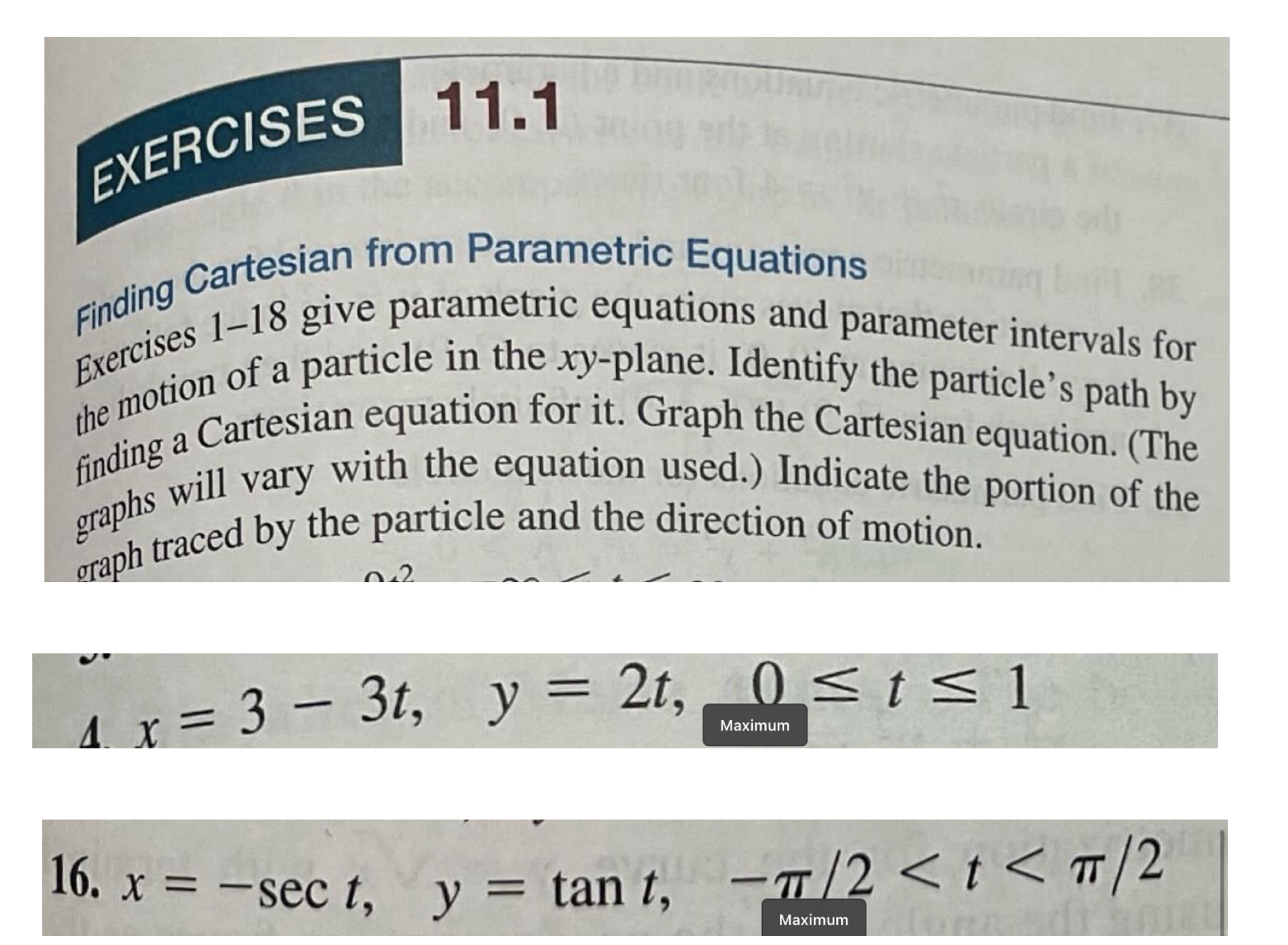 Solved EXERCISES 11.1Finding Cartesian from Parametric | Chegg.com