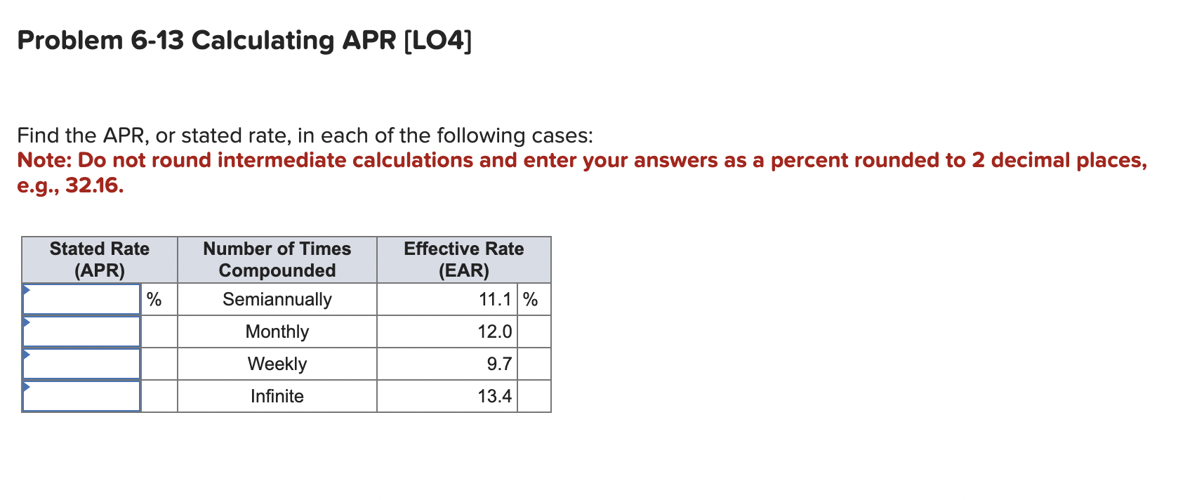 Problem 6-13 ﻿Calculating APR [LO4]Find the APR, or | Chegg.com