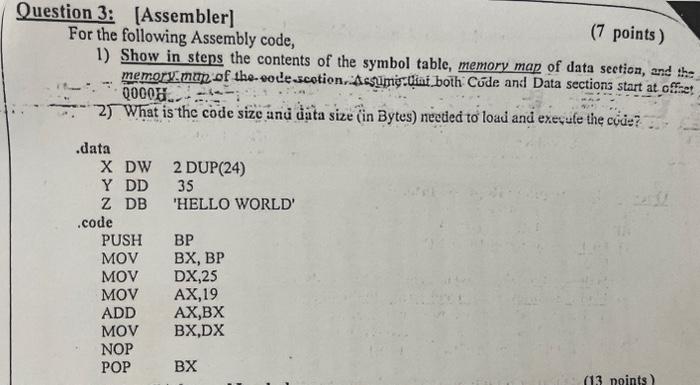 Solved Question 3: [Assembler] For the following Assembly | Chegg.com