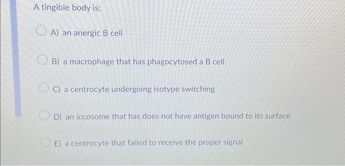 Solved A tingible body is: A) an anergic B cell B) a | Chegg.com