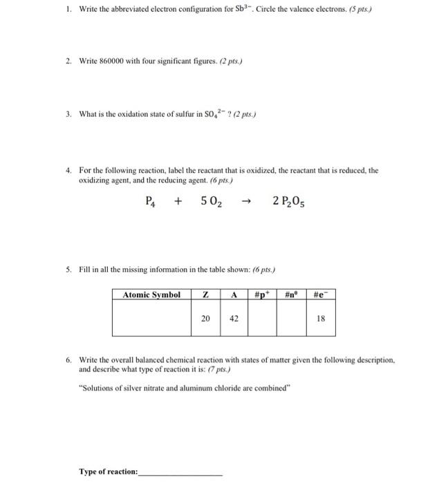 Solved 1 Write The Abbreviated Electron Configuration For