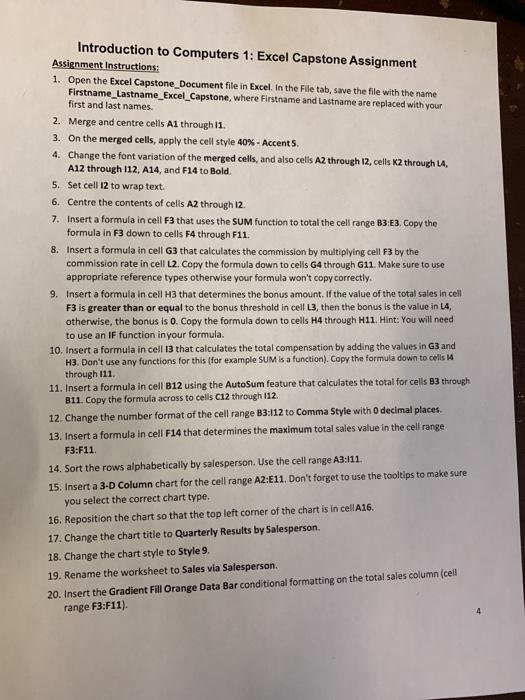 Solved Introduction to Computers 1: Excel Capstone | Chegg.com