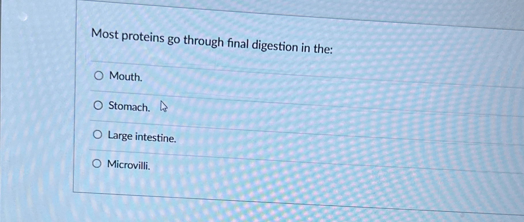 Solved Most proteins go through final digestion in | Chegg.com