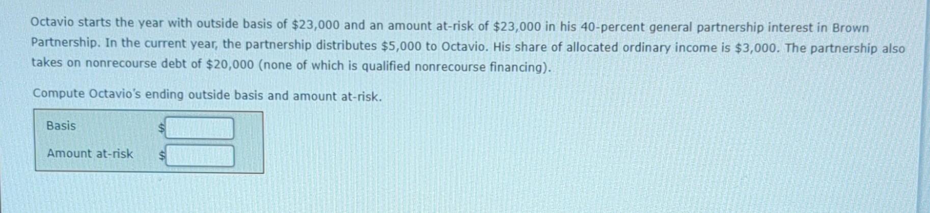 Solved Octavio starts the year with outside basis of $23,000 | Chegg.com