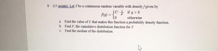 Solved 9. (15 points) Let Y be a continuous random variable | Chegg.com