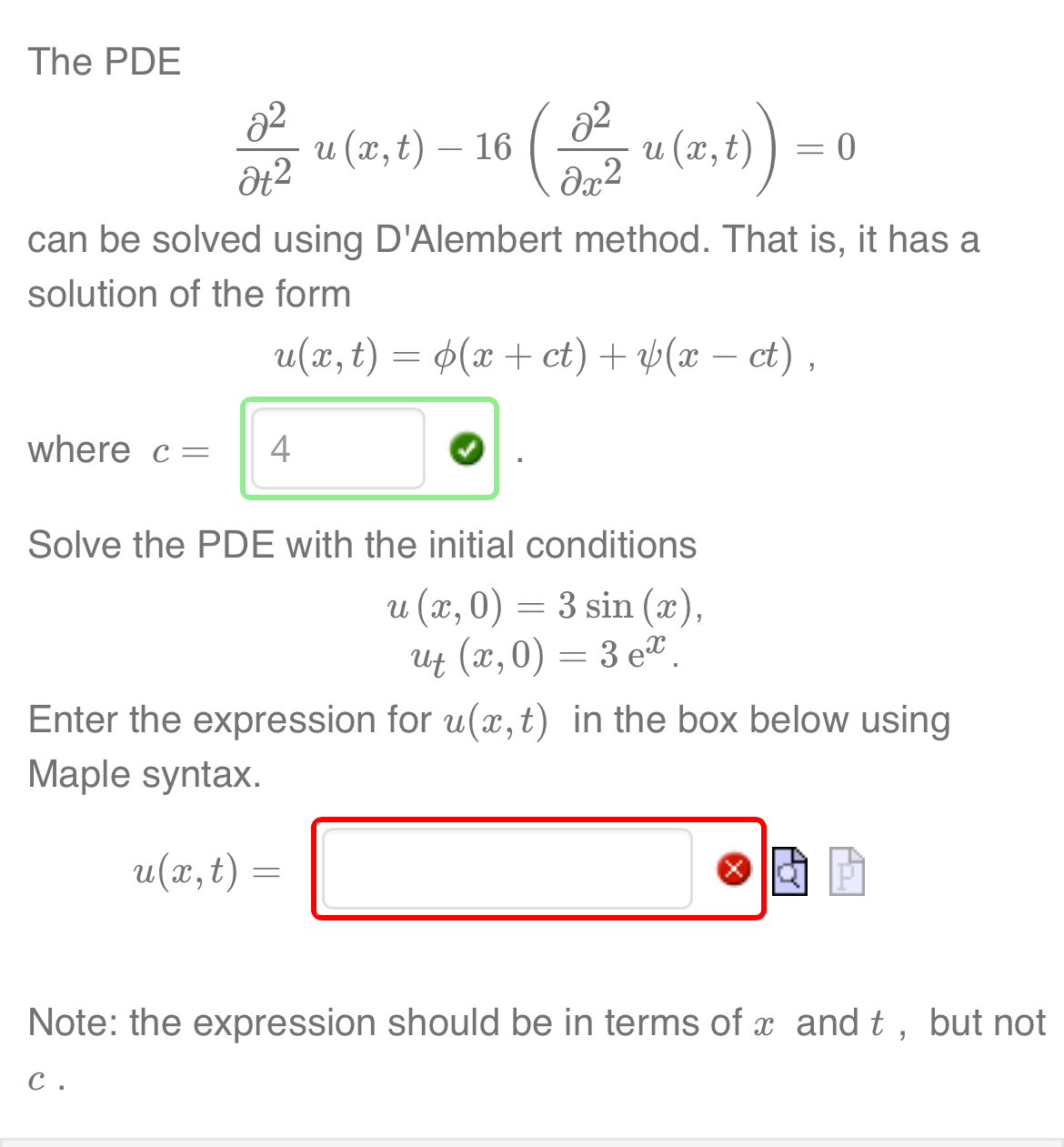 Solved The PDEdel2delt2u(x,t)-16(del2delx2u(x,t))=0can be | Chegg.com