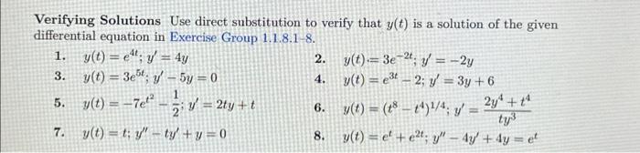 Solved Verifying Solutions Use direct substitution to verify | Chegg.com