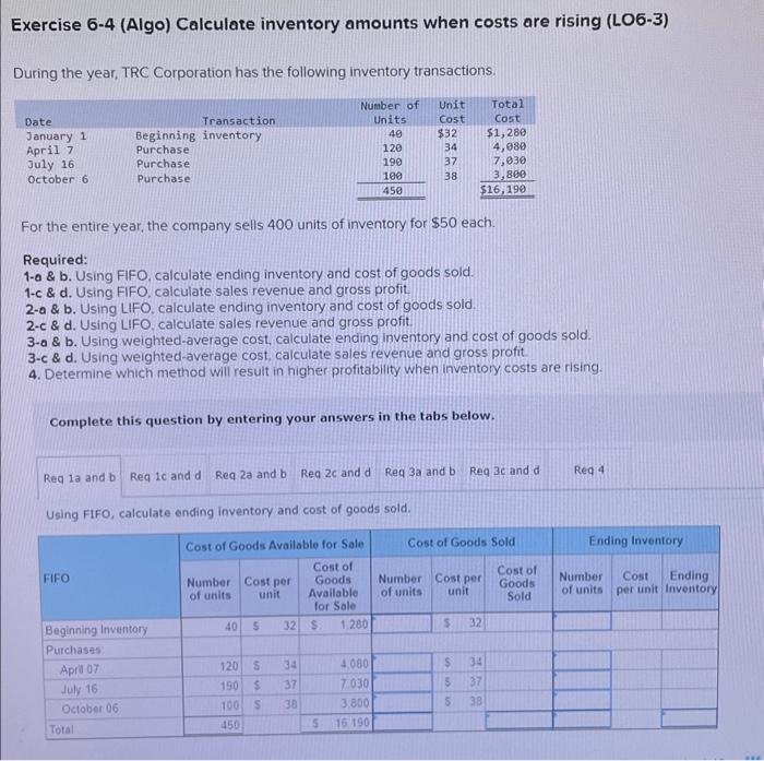 Solved Exercise 6-4 (Algo) Calculate inventory amounts when | Chegg.com